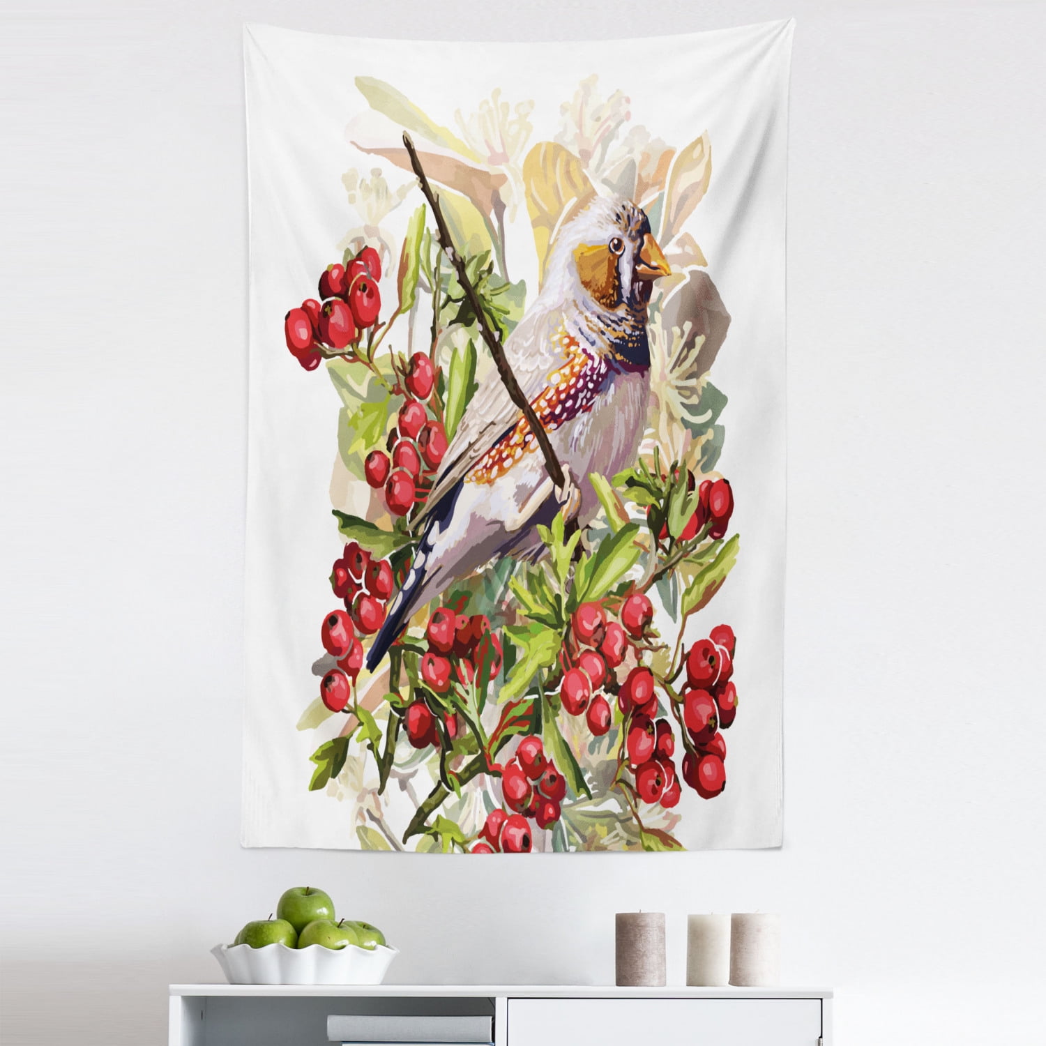 Rowan Tapestry, Colorful Bird Flower and Rowan Shrubs on White Backdrop ...