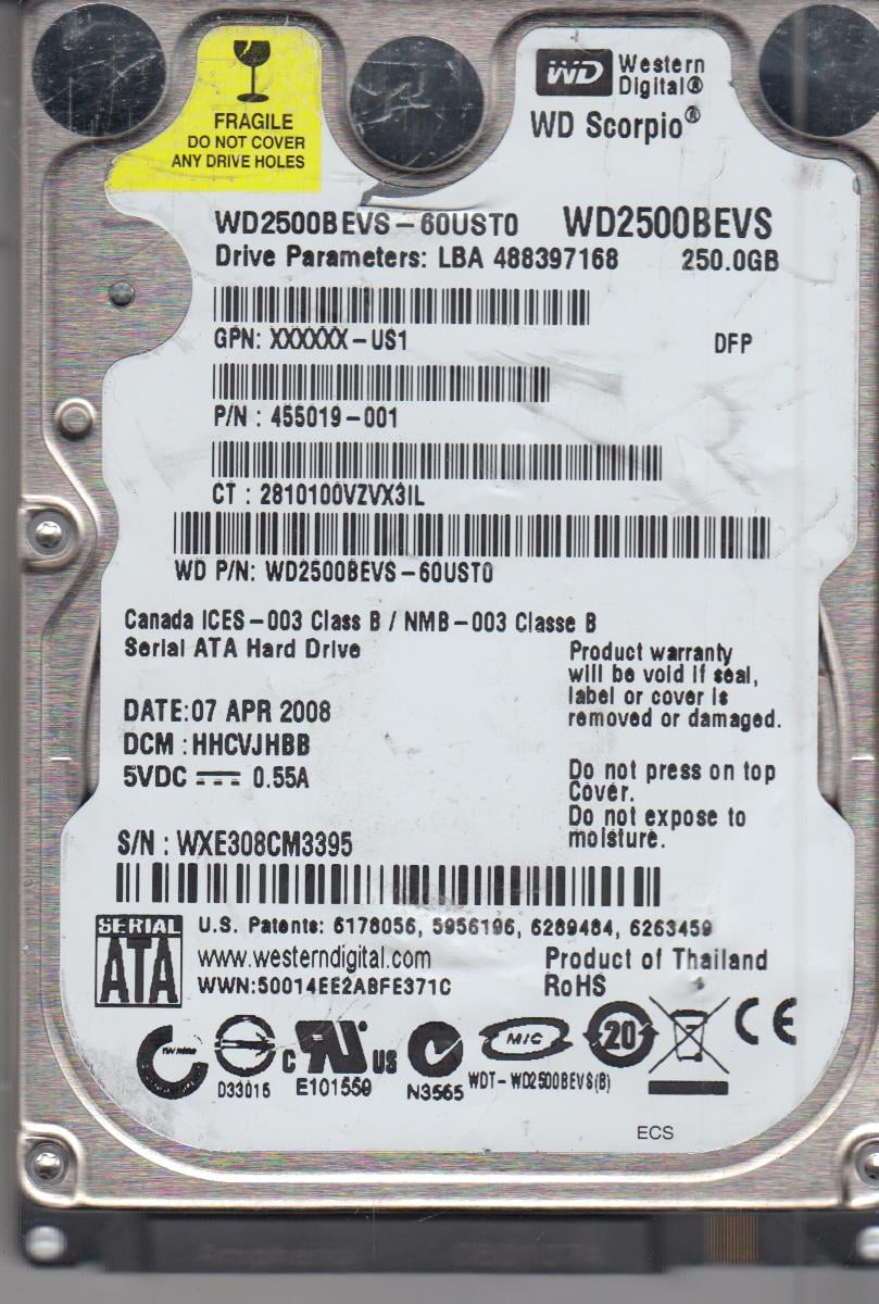 WD2500BEVS-60UST0, DCM HHCVJHBB, Western Digital 250GB SATA 2.5 Hard ...