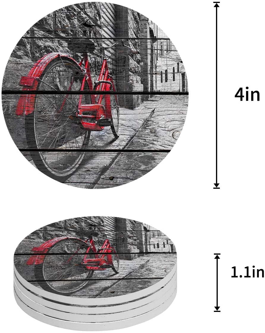 ZHANZZK Retro Red Bicycle Set of 6 Round Coaster for Drinks, Absorbent ...