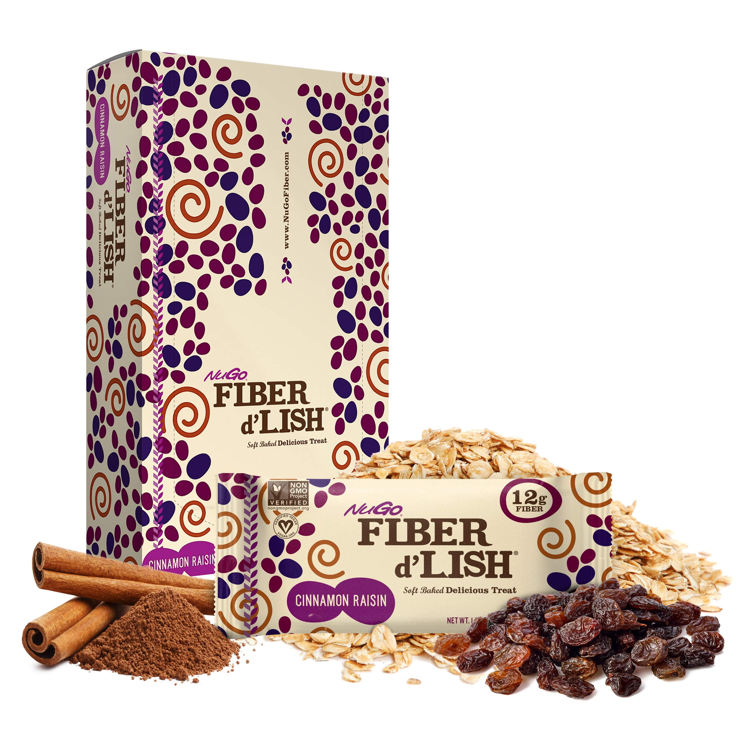 NuGO Fiber d'Lish canela y pasas, 0.42 oz de alta fibra, vegano, 150 ...