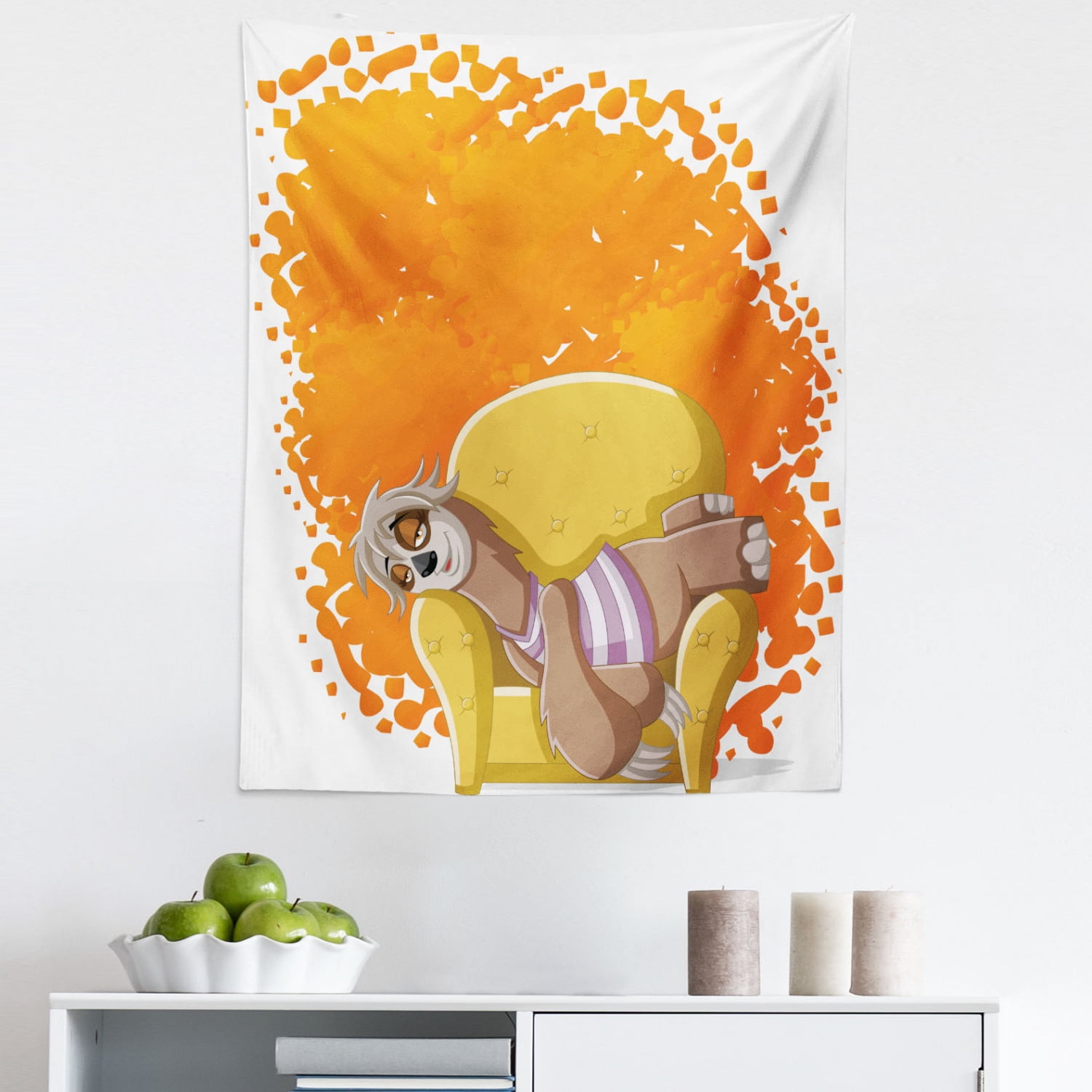 Sloth Tapestry, Lazy Female Cartoon Sloth on Sofa Napping on Couch ...