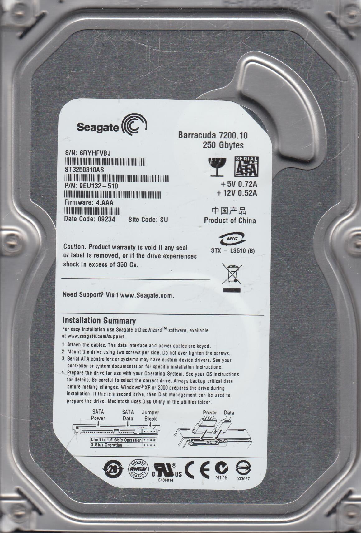 ST3250310AS, 6RY, SU, PN 9EU132-510, FW 4.AAA, Seagate 250GB SATA 3.5 ...
