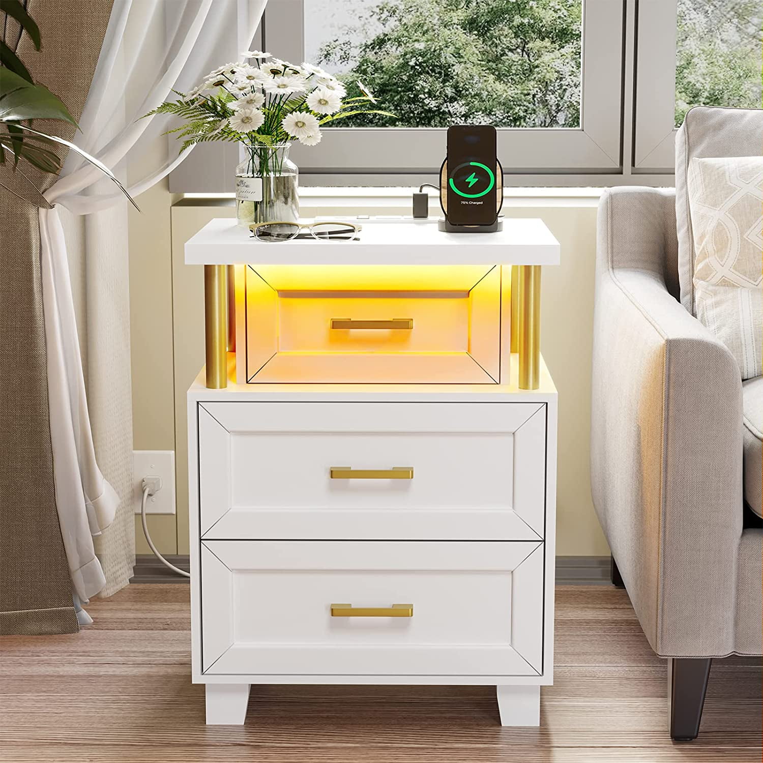 LED Nightstands with Charging Station, Vintage Bedside Tables with 3 ...