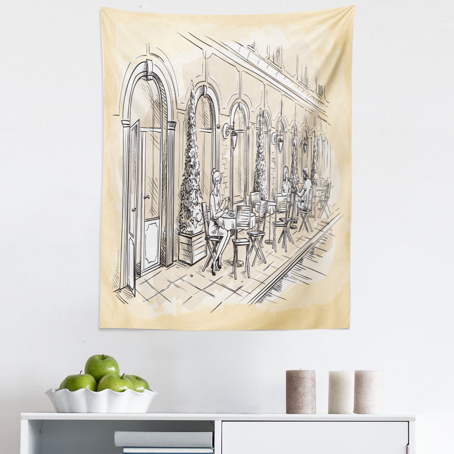 French Cafe Tapestry, Outline Sketch Illustration Street City Living ...