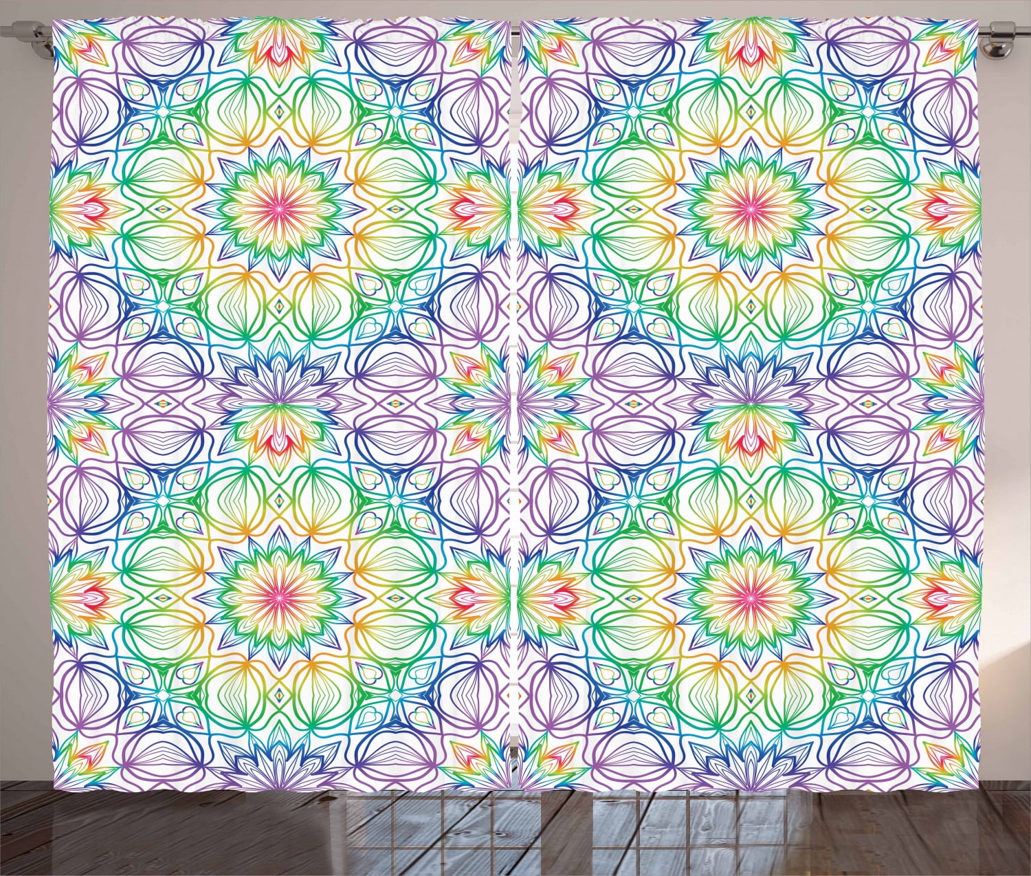 Rainbow Mandala Curtains 2 Panels Set, Colorful Stripes with Flower ...