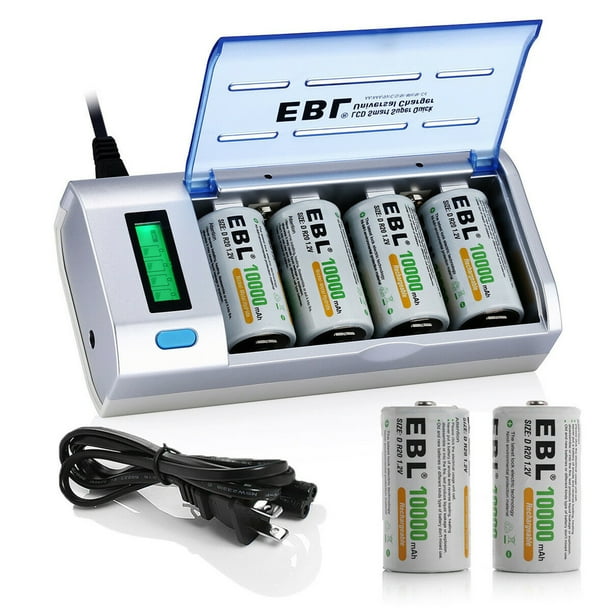 EBL 6-Pack 10000mAh 1.2V R20 Size D Batteries + Battery Charger for 9V ... EBL 6-Pack 10000mAh 1.2V R20 Size D Batteries + Battery Charger for 9V ...
