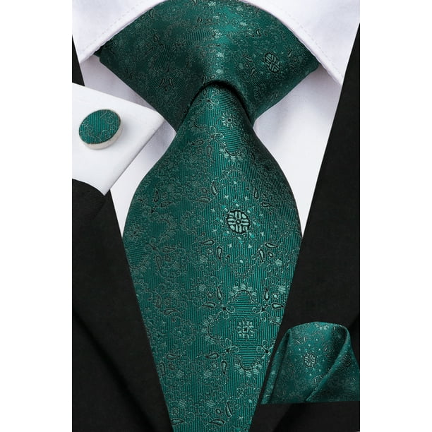 Hi-Tie Mens Dark Green Ties Silk Paisley Necktie and Pocket Square ...