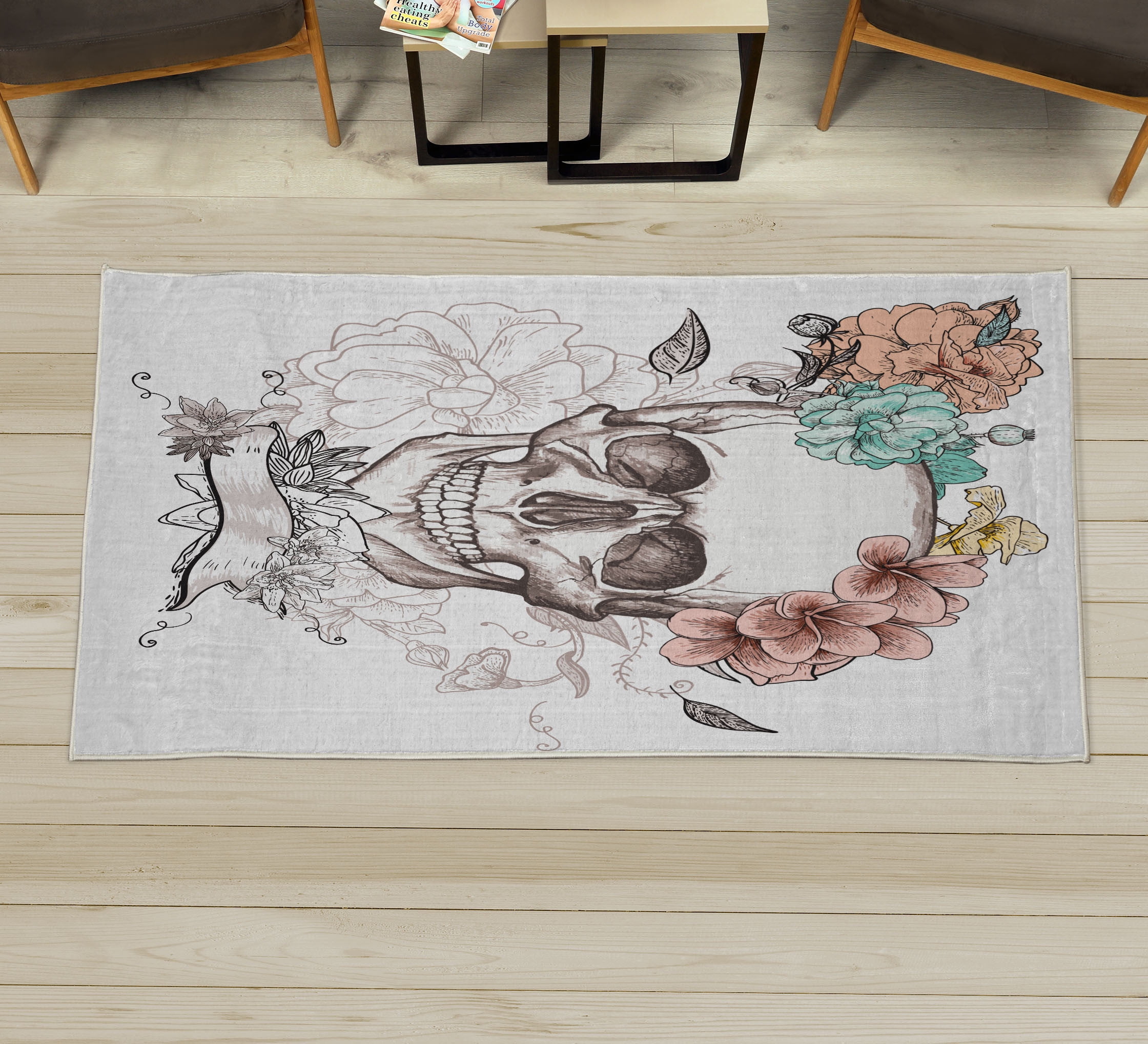Grunge Decorative Rug, Skull and Flowers Day of the Dead Mexican ...