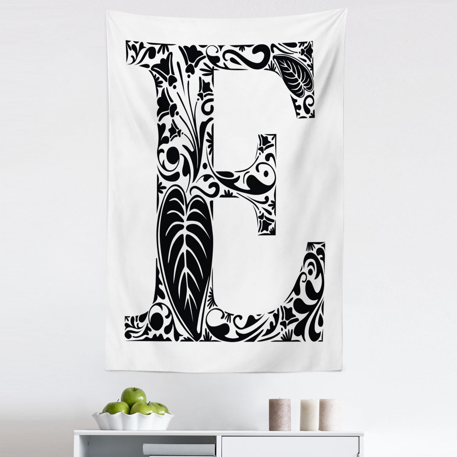 Letter E Tapestry, Floral Swirls and Curls Big Leaf Blooming Meadow ...