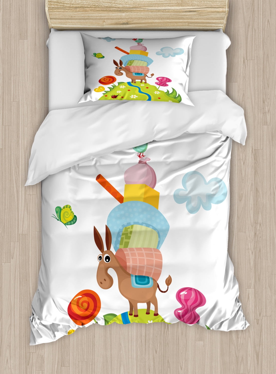 Donkey Duvet Cover Set Twin Size, Goofy Donkey Loaded with Baggages ...