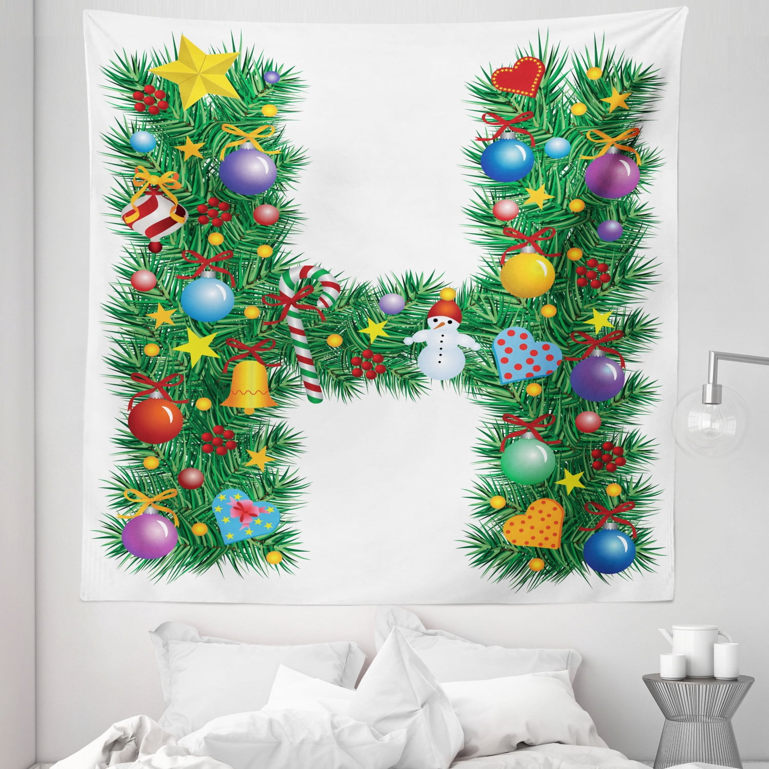 Letter H Tapestry, Uppercase Letter H Pine Tree Pattern with Christmas ...