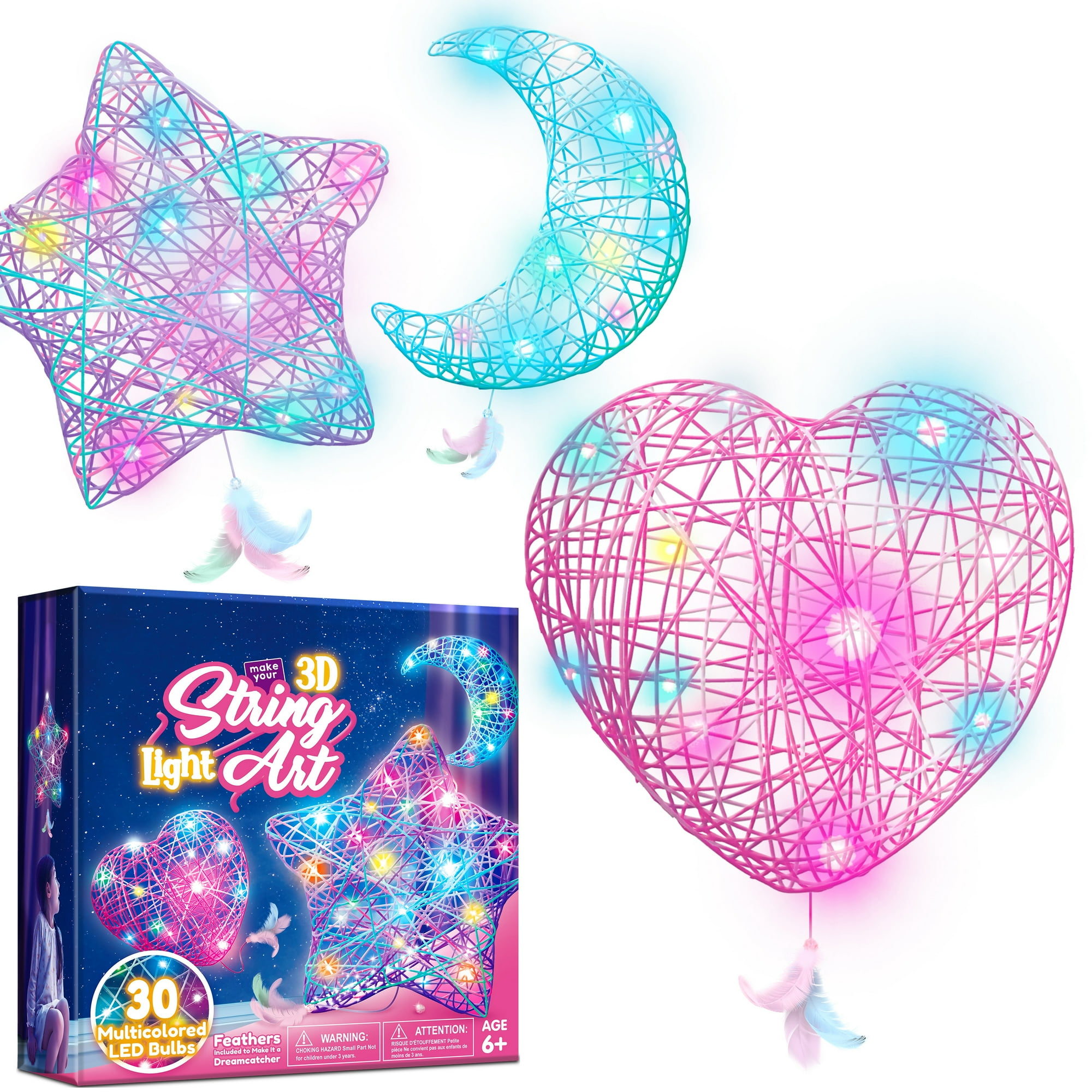 Joyfy 3-Pack Star And Heart String Art Kit With 30 Multicolor Led Bulbs birthday Gifts For Girls Ages 6-12