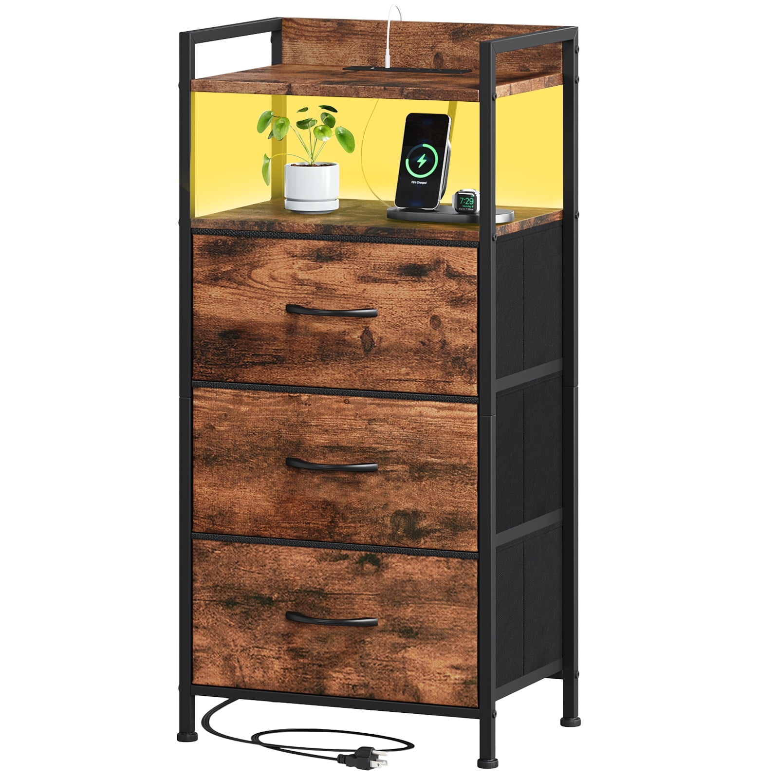 Eunos Petite Table de Chevet avec Station de Charge, Commode en Tissu avec LED et Poignée, Motif ...