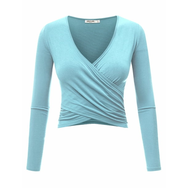 Made by Johnny Women's Deep V Neck Long Sleeve Cross Wrap Fitted Crop ...