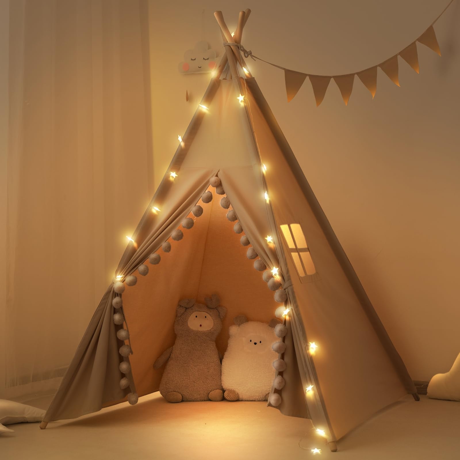 Click here for Rongfa Kids-Teepee-Tent With Lights &large Pompoms... prices