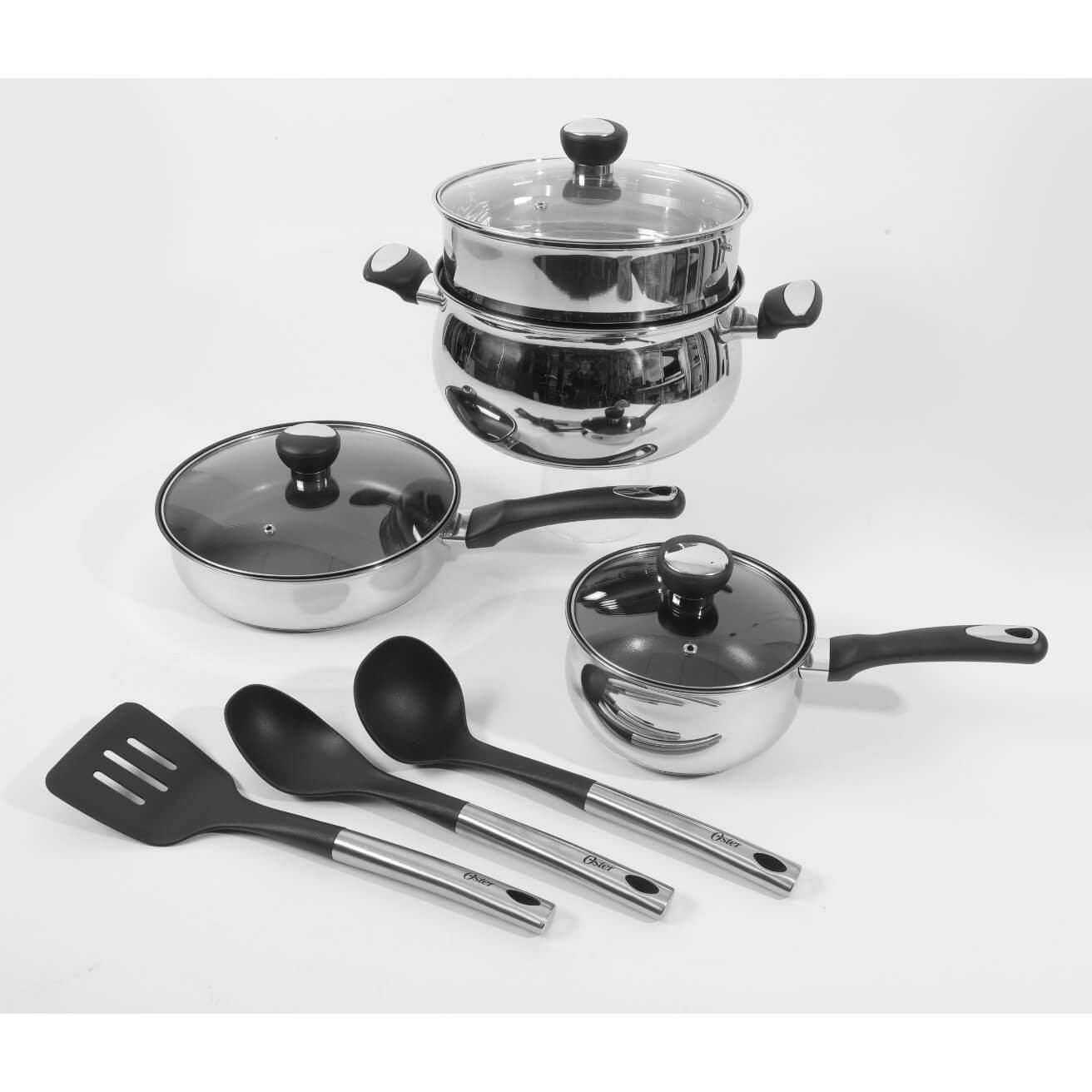 Oster Baldwyn 10 Piece Stainless Steel Cookware Set w/ Kitchen Tools ...