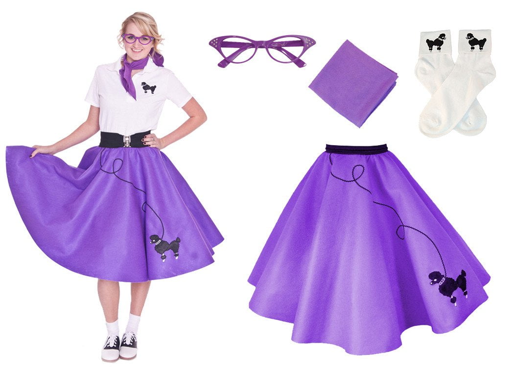 Plus Size 4 Pc 50s Poodle Skirt Outfit Purple 2x