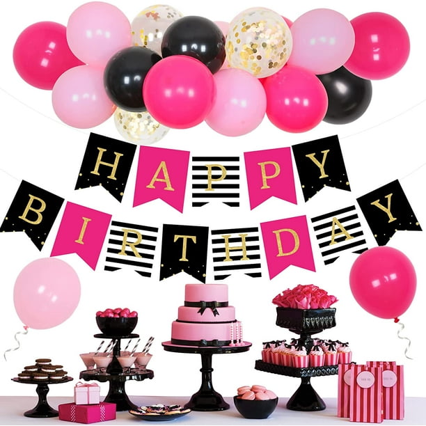 Happy Birthday Banner Hot Pink and Black Garland Latex Confetti Balloons for Girls’ Women ...