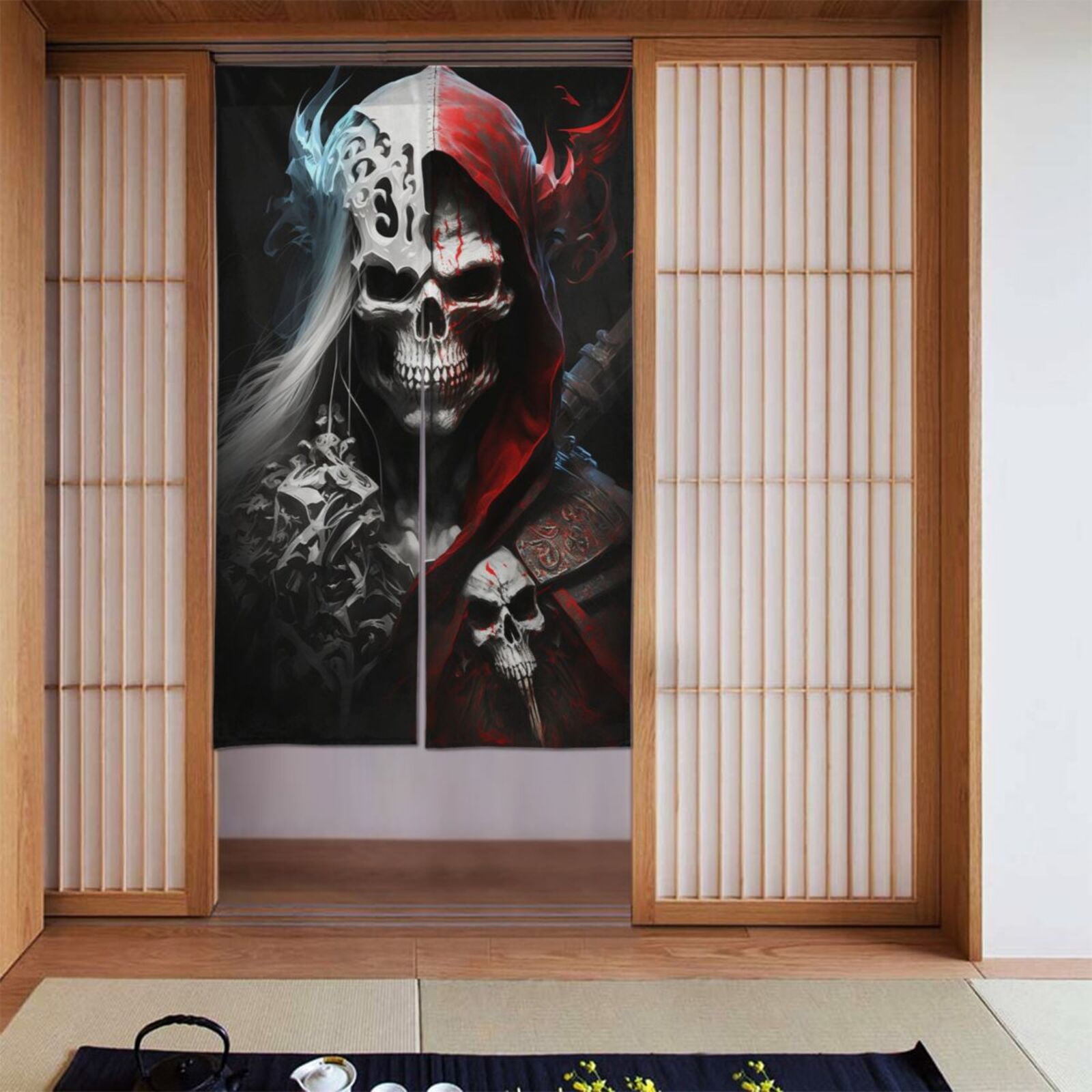 Doorway Drape Split Curtains, Fantasy Death Skull Skeleton Room Divider ...