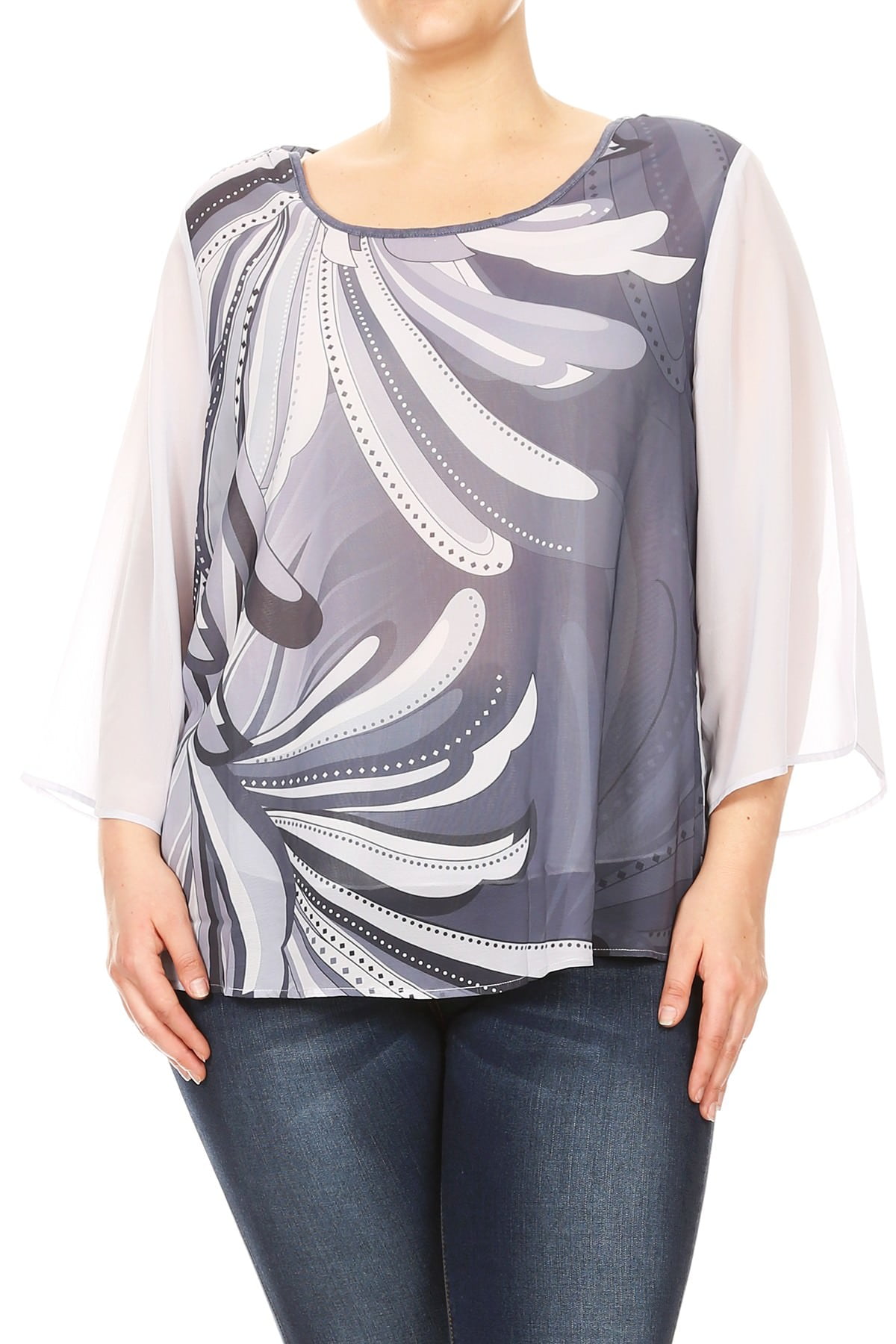 Women Plus Size Abstract Design Solid Sleeve Chiffon Blouse Tunic Top ...