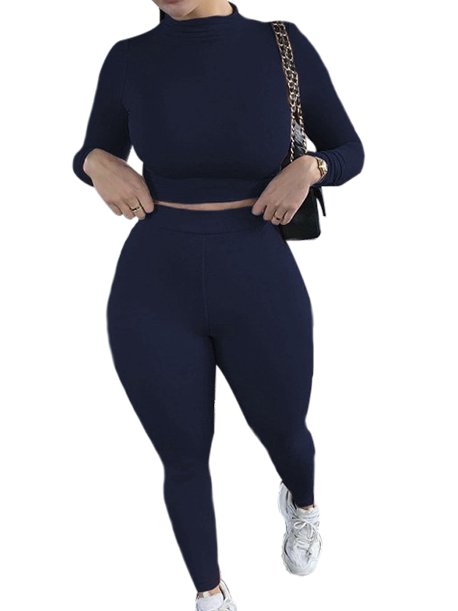 Women Slim Long Sleeve Workout Set 2 Piece Tracksuit - Seamless High Waist Leggings and Crop Top ...