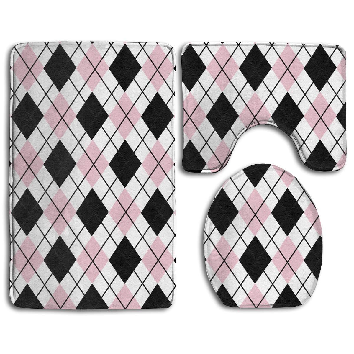 PUDMAD Black Pink White Argyle Patterns 3 Piece Bathroom Rugs Set Bath ...
