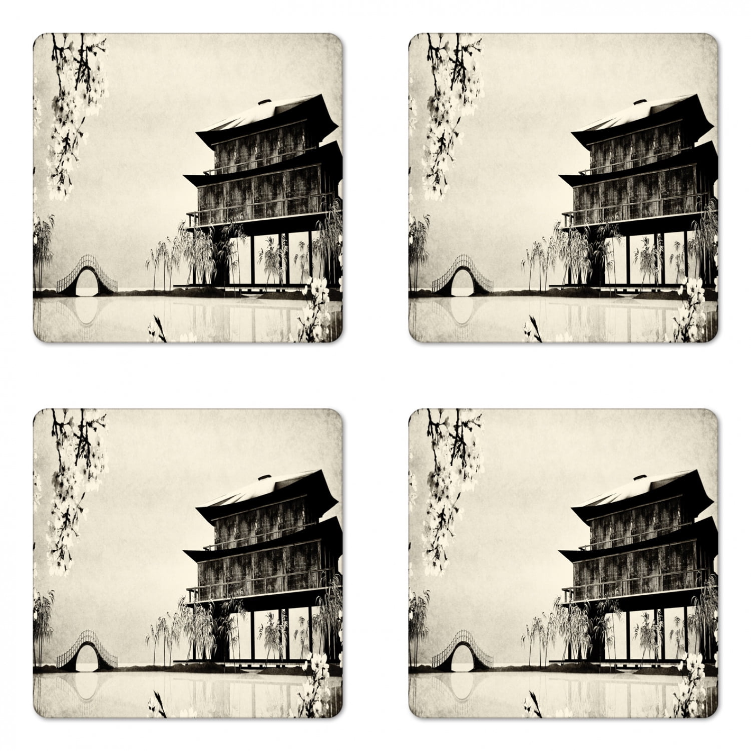 Japanese Coaster Set of 4, Ink Painting Style Landscape of Far Eastern ...