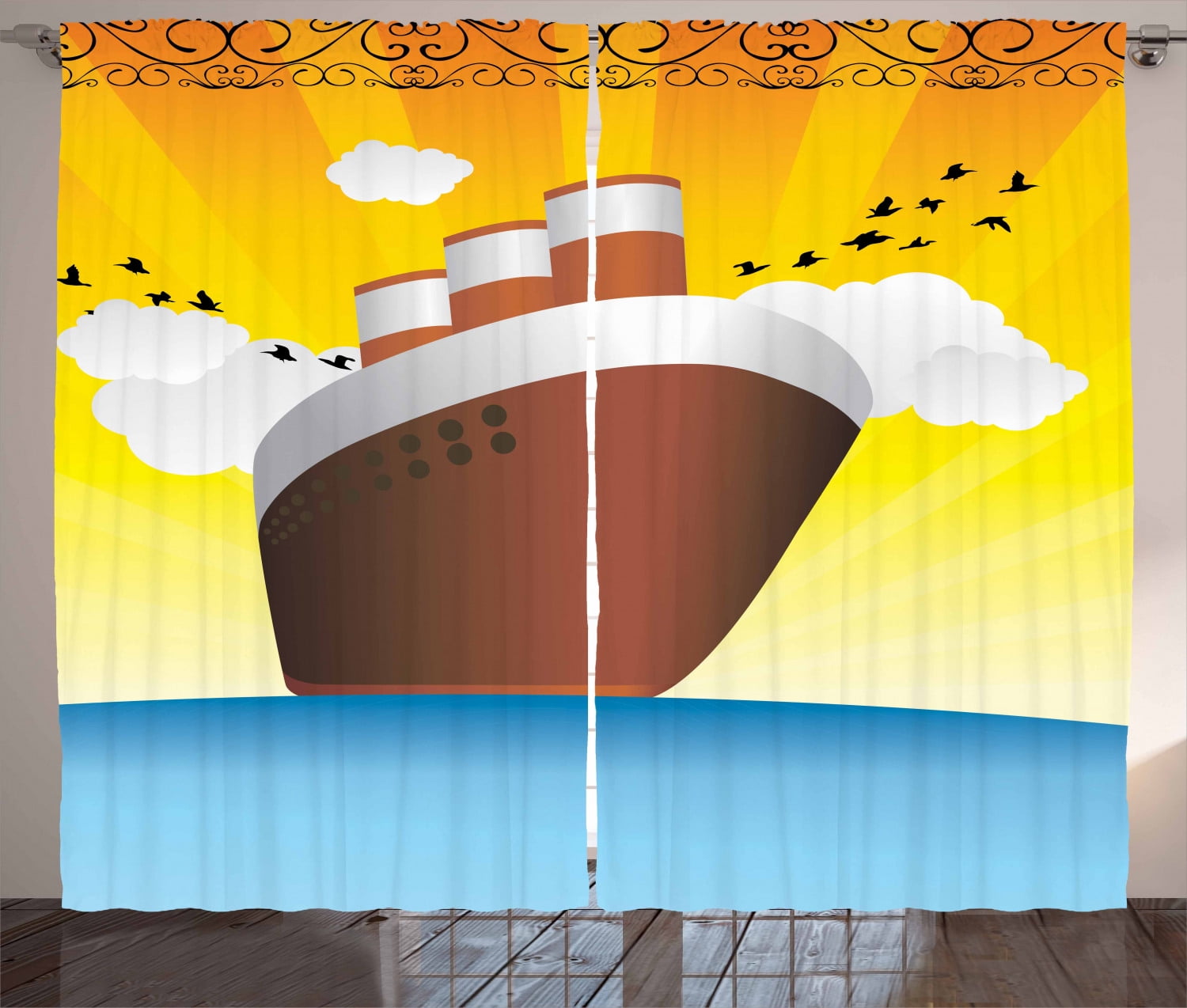 Vintage Boat Curtains 2 Panels Set, Big Ship Pop Art Deco Style Travel ...