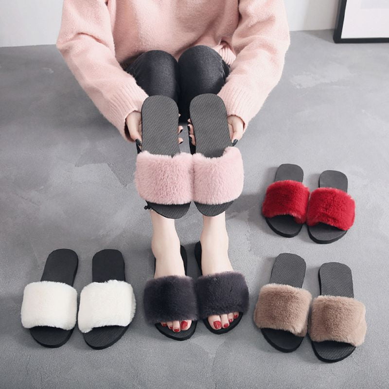 Autumn Winter Women's Flip Flop Faux Fur Soft Slide Flat Slipper ...