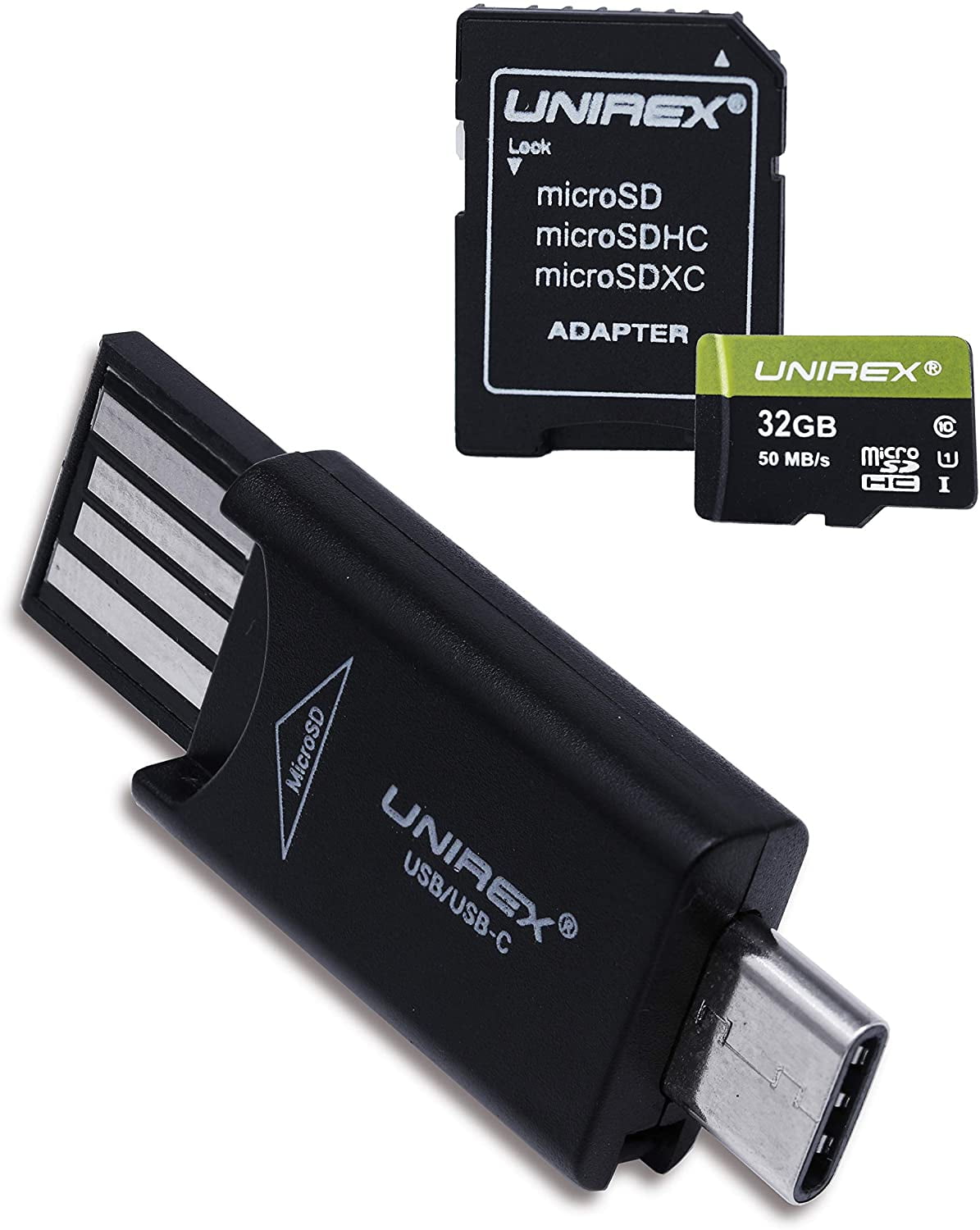 Unirex 32GB U1 MicroSD Card with SD Adapter and USB A to USB C MicroSD ...
