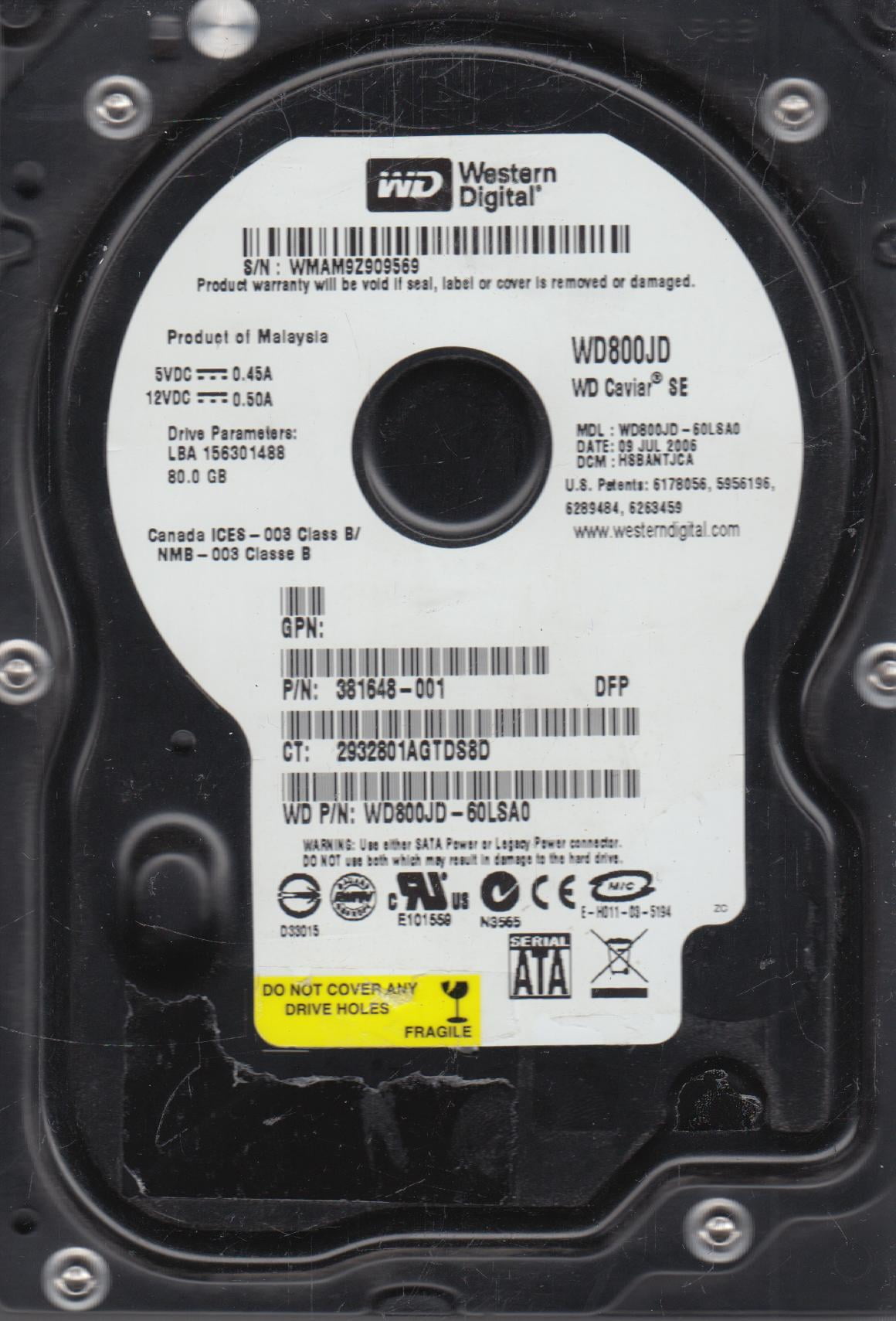 WD800JD-60LSA0, DCM HSBANTJCA, Western Digital 80GB SATA 3.5 Hard Drive ...