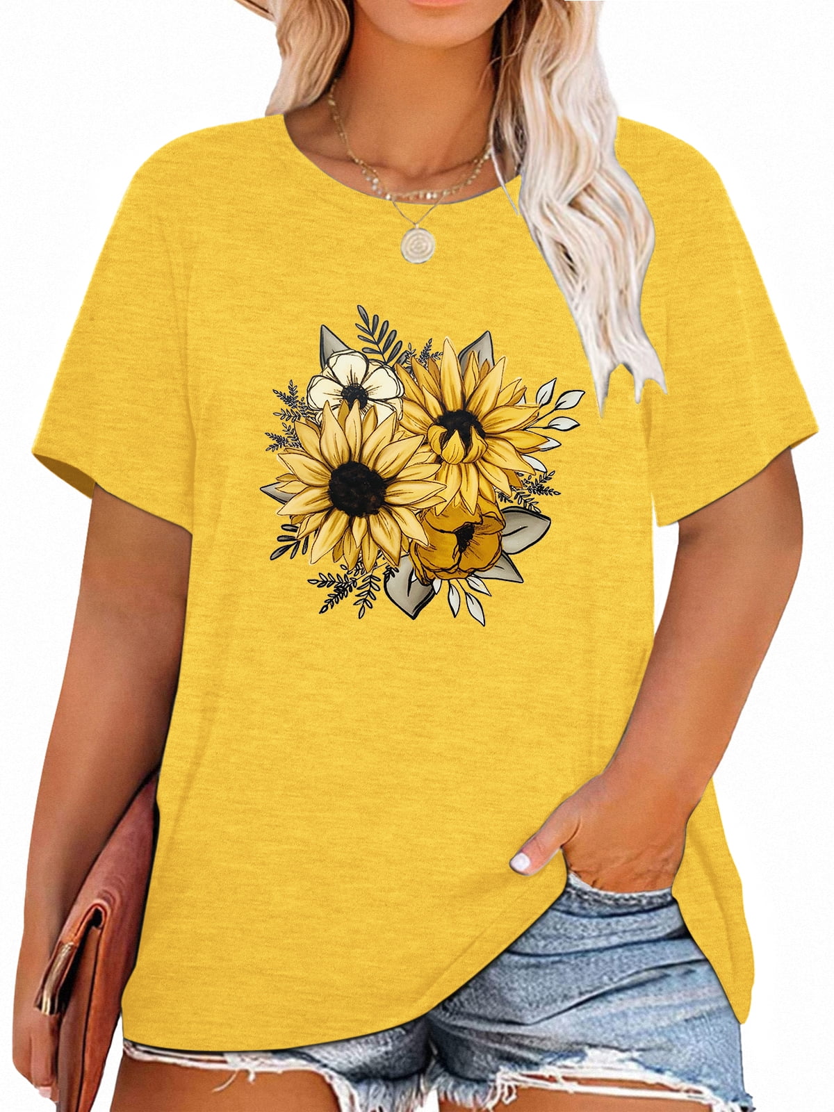 Anbech Sunflower Plus Size T-Shirts for Women Graphic Sunflowers Print ...