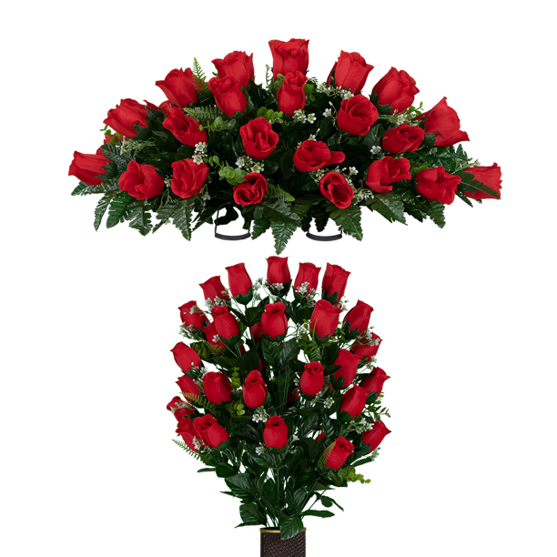 Sympathy Silks Artificial Cemetery Flowers Red Rose Buds Bouquet ...