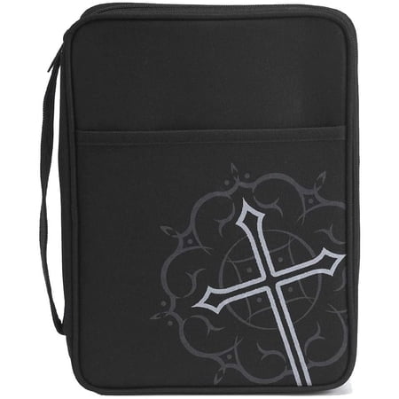 Black Medallion Cross and Pocket Nylon Bible Cover with Handle, Large ...