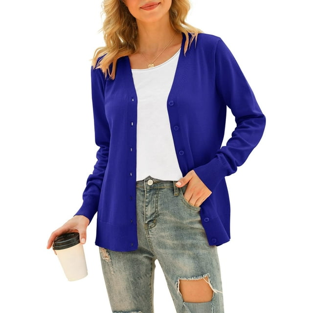 MLANM Womens Long Sleeve Open Front Cardigans Classic V Neck Button ...