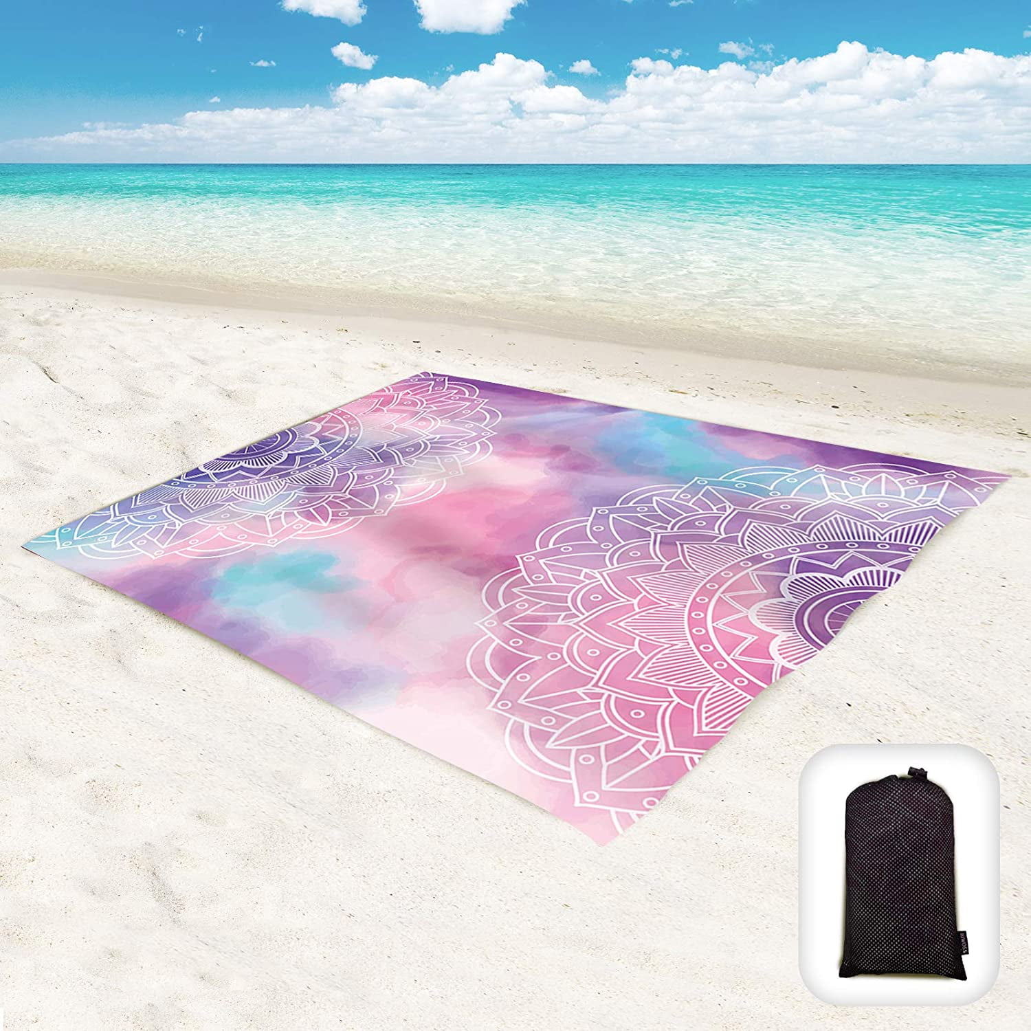 Sand Proof Beach Blanket Oversized 95”x 80”,Mandala Waterproof Sand ...