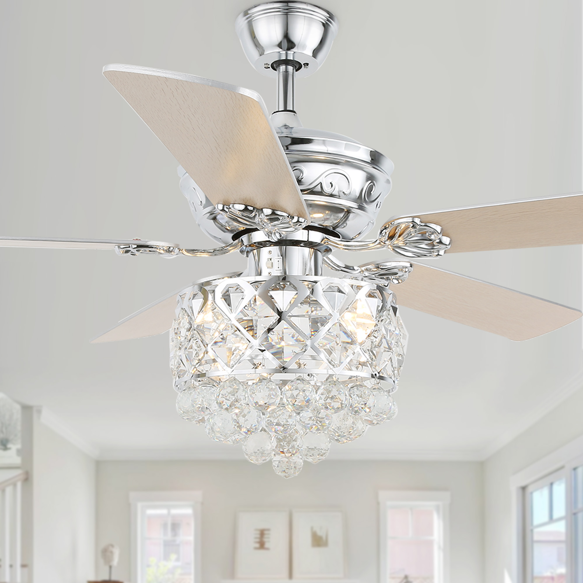 5-Blade Reversible Blades Contemporary Crystal Ceiling Fan with Remote ...
