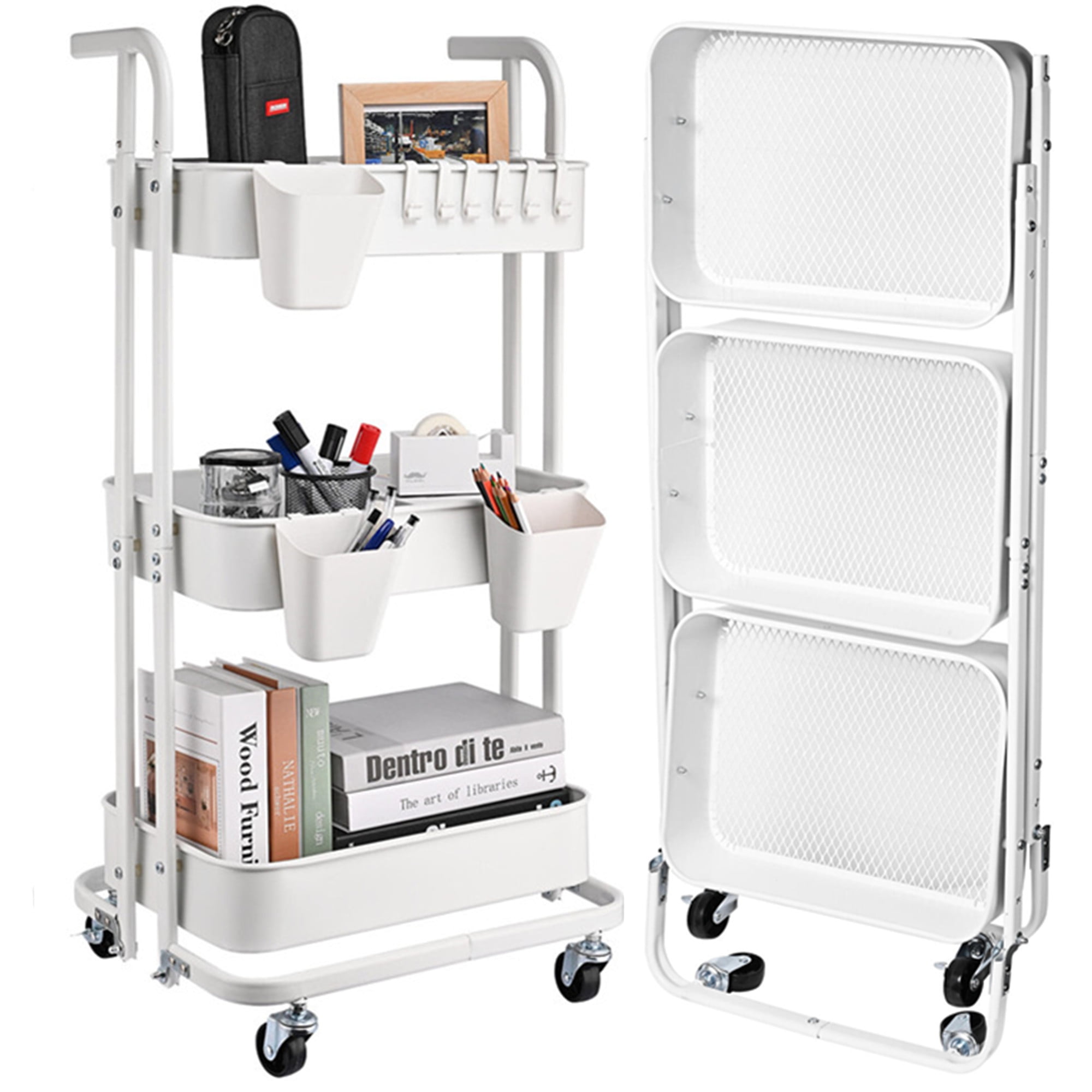 3-Tier Folding Metal Rolling Utility Cart, Multifunction Trolley Cart ...