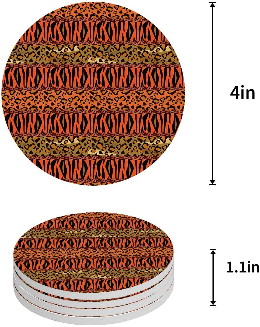 FMSHPON Orange Leopard Print Set of 6 Round Coaster for Drinks ...