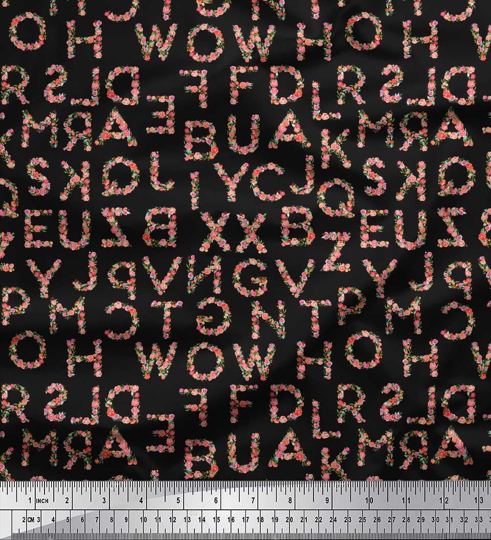 Soimoi Black Velvet Fabric Floral Alphabet Text Print Fabric by the ...