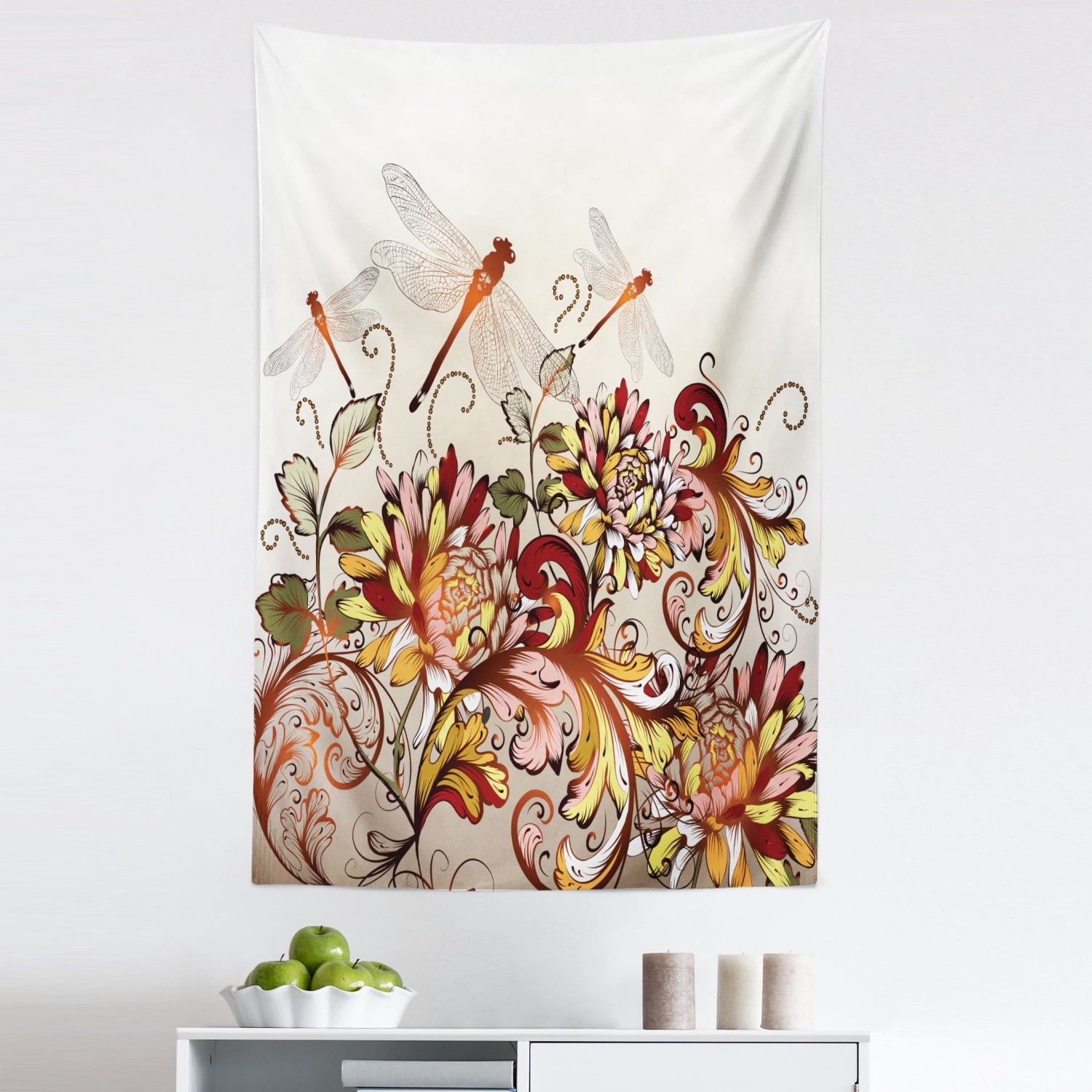 Spring Tapestry, Flower Field Foliage with Dragonflies Season Shabby ...