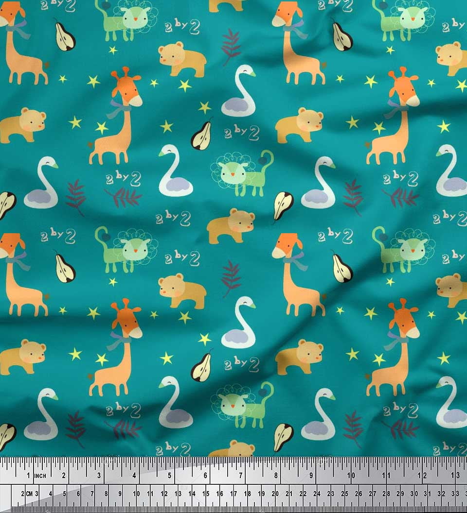 Soimoi Green Japan Crepe Satin Fabric Leaves,Star & Cute Animals Kids ...