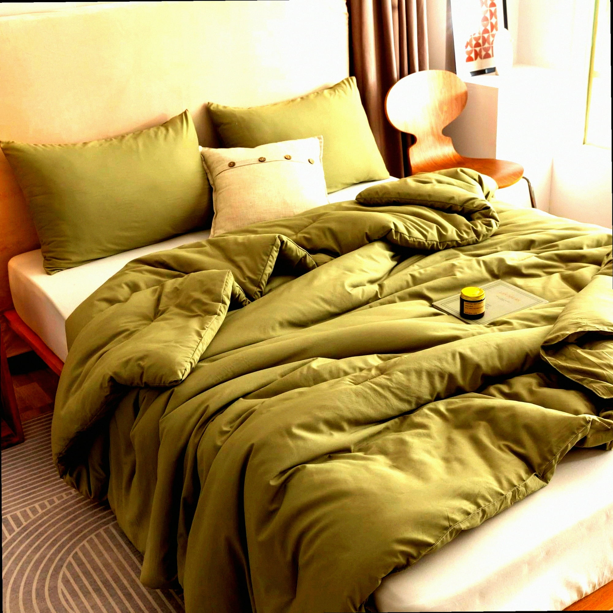 Boho Olive Green Quilted Comforter Set Queen Size 3 Piece Bedding Ensemble with All Season Blanket and 2 Pillowcases Home Decor Gift