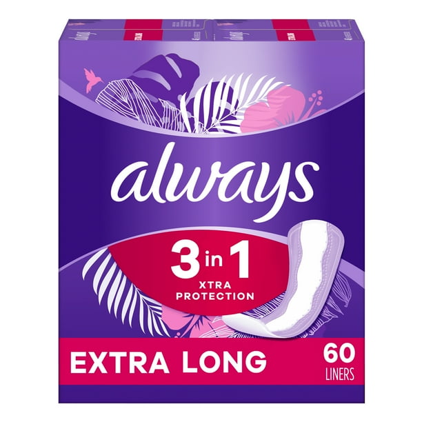 Always Xtra Protection 3-in-1 Daily Liners for Women, Extra Long, 60 Ct ...