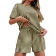 2 Piece Short Sets for Women Summer Striped Lounge Set Breathable Crew ...