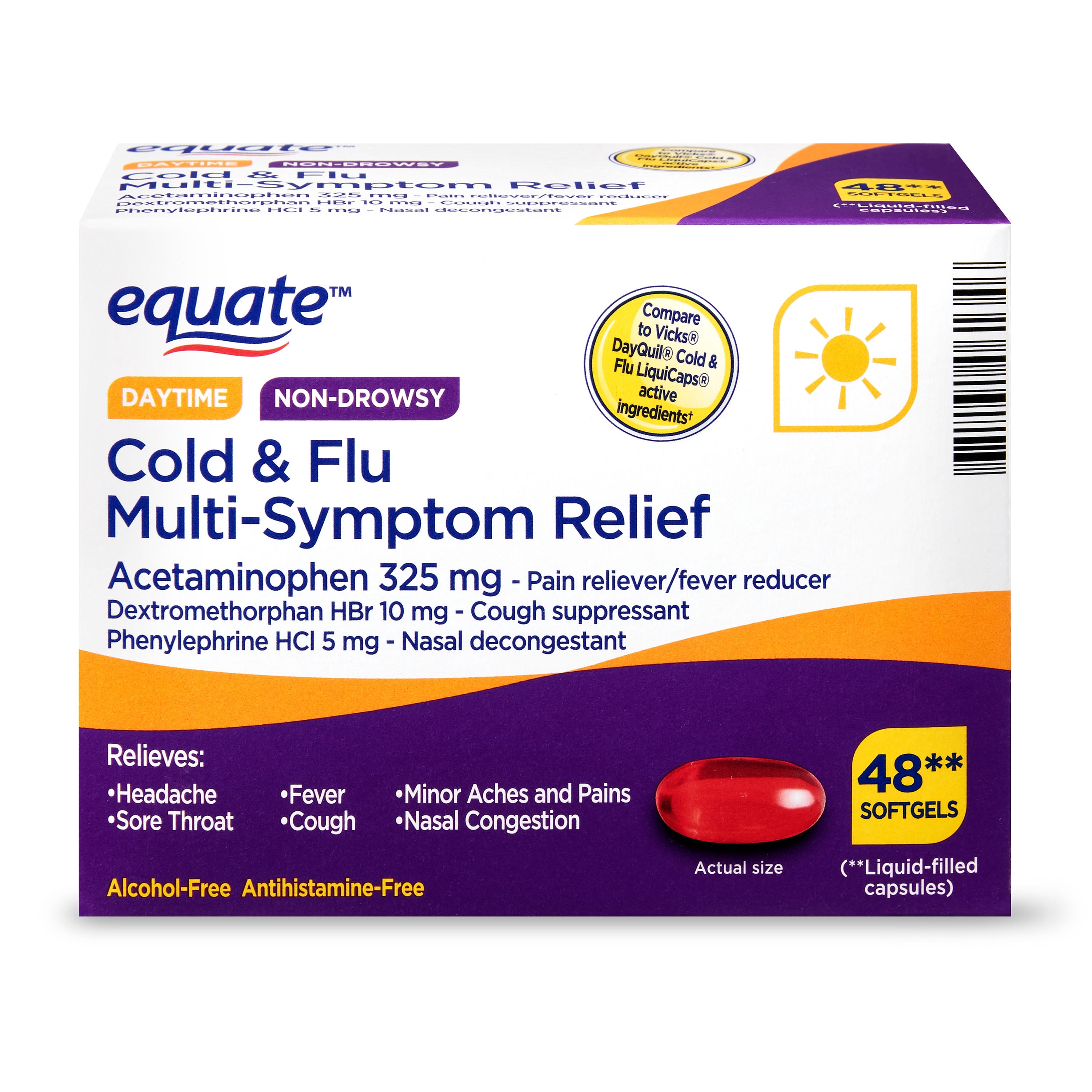 Equate Daytime Non Drowsy Cold Flu Multi Symptom Relief Softgels 48 Equate Daytime Non Drowsy Cold Flu Multi Symptom Relief Softgels 48