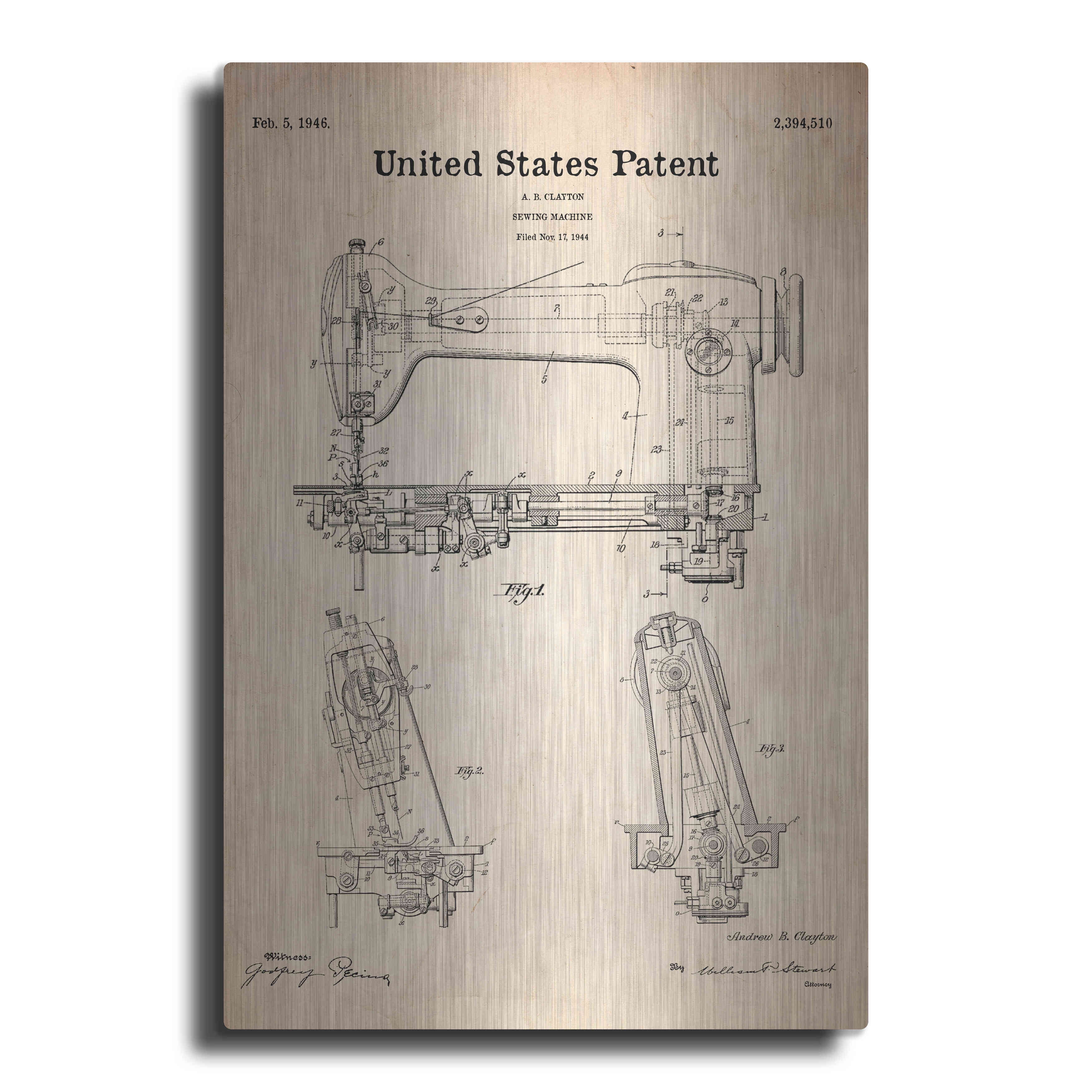 Luxe Metal Art 'Sewing Machine Blueprint Patent Parchment' Metal Wall ...