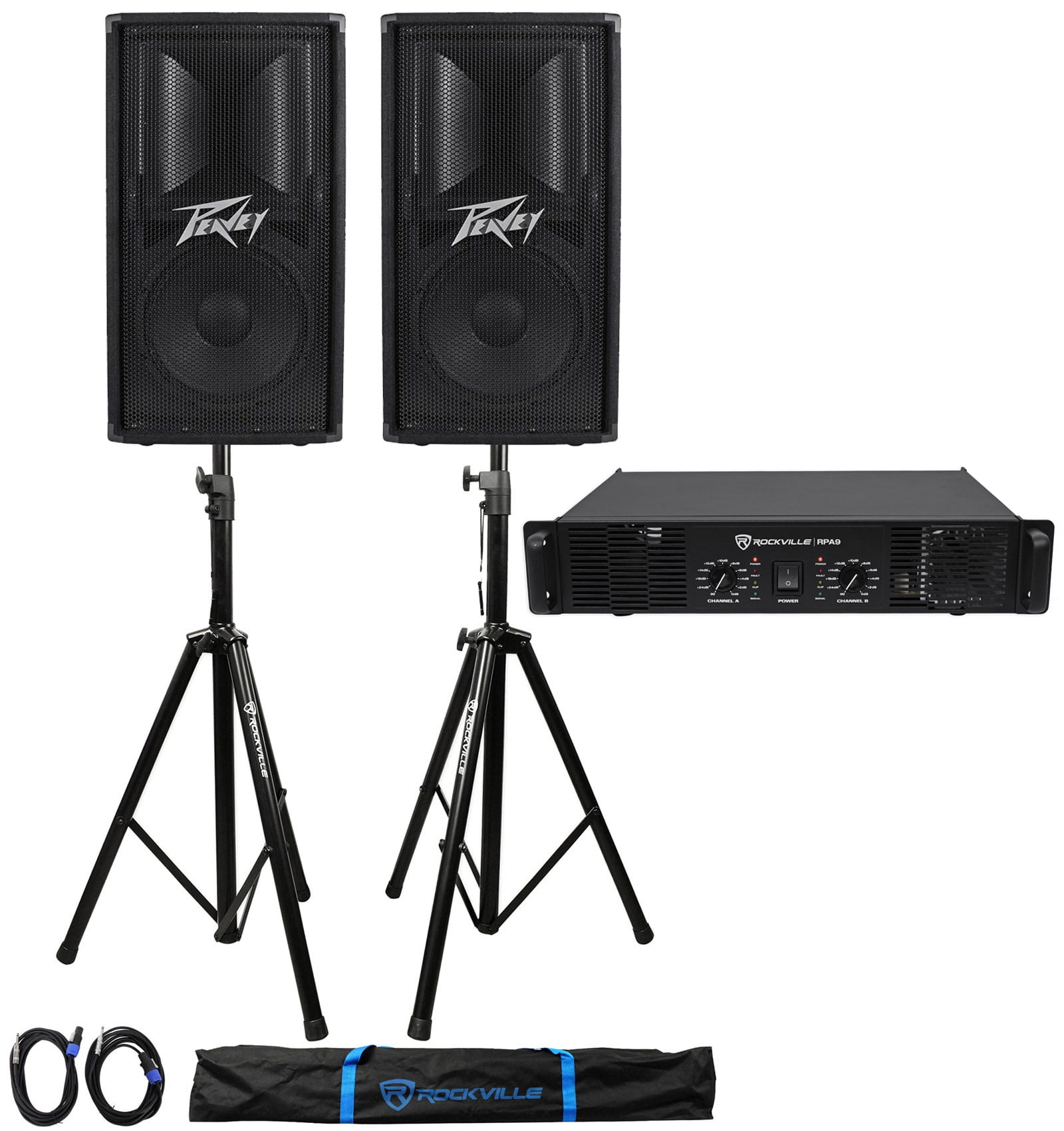 (2) Peavey PV112 12" 1600w PA Speakers + Rockville RPA9 Amp + Stands ...
