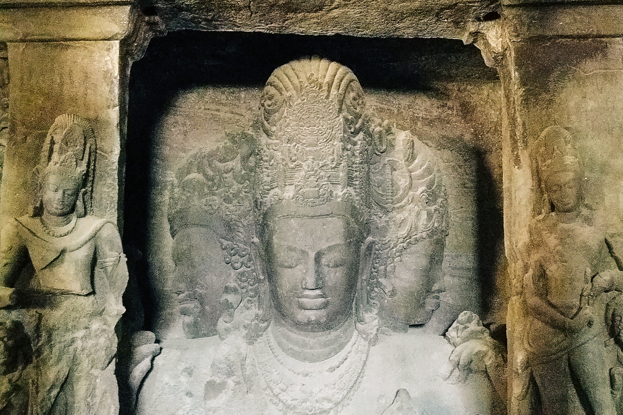 24x36 gallery poster, Elephanta Caves, triple-bust (trimurti) of Shiva ...