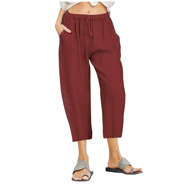 Owordtank Plus Size Cotton Linen Capris For Women Wide Leg Drawstring